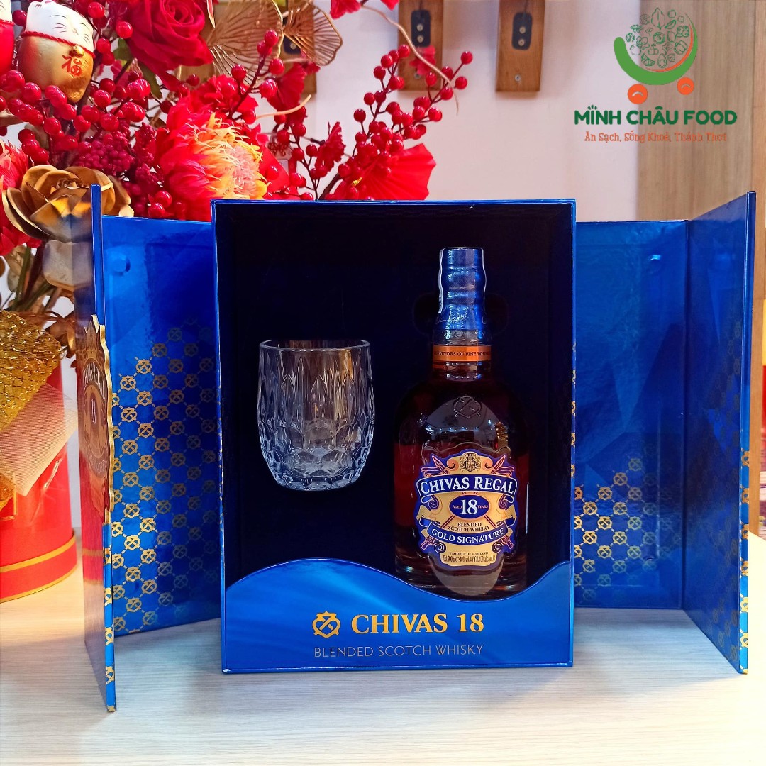 Chivas 18 Gold Signature – Set quà tặng Rượu kèm hộp, ly rượu & túi quà sang trọng – Minh Châu Food